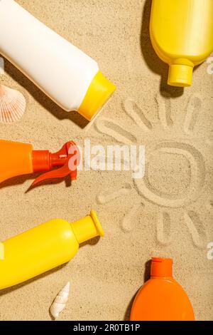 Creative composition with different sunscreen creams and palm leaves on ...