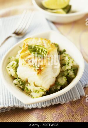 Recipe of cod steak, mashed potatoes and its farandole of vegetables ...