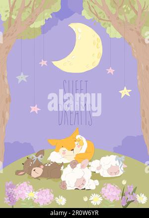 Cute little fox sleeping on cloud. Cartoon animal character for kids t ...