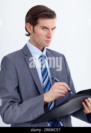 Portrait, HR and angry man with documents pointing in studio for ...