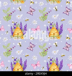 Butterfly and bees. Watercolor seamless pattern with butterflies, bees ...
