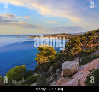 Dusk Aegean Sea coastline and Kastri beach. Summer top view (Nikiti ...