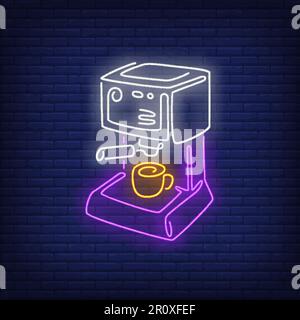 Neon glowing sign of a coffee machine pouring a fresh espresso in a cup ...