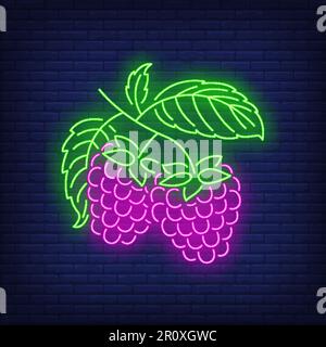 Raspberries neon sign. Food, fruit, berry, vitamin design. Night bright ...