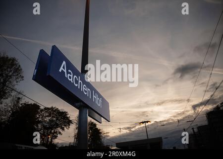 Picture of the a sign of Aachen Hbf train station. Aachen Hauptbahnhof ...