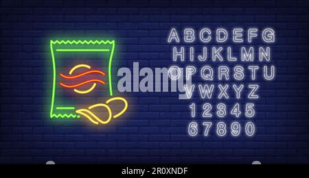 Chips packet neon sign. Glowing illustration of green packet with ...