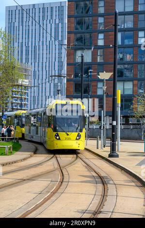 Manchester Metrolink tram travelling through Salford,England Stock ...