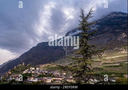 Famous historical Tourbillon Castle and Valere Basilica in the mountain ...