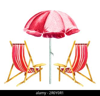 watercolor pair of sunbed, red and white striped deckchairs, sketch ...