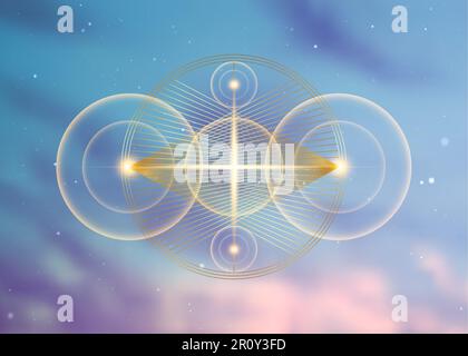 Planetary sacred geometry, gold lines overlap, triangles shape on circles. Orbits of energy ...