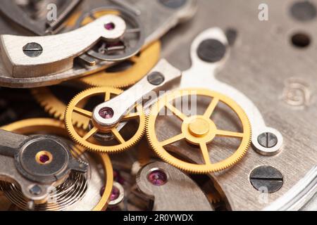 Mechanism, clockwork of a stopwatch close-up. Time, work concept Stock ...