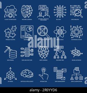 Artificial neural net icon set in line style. Computer deep learning ...