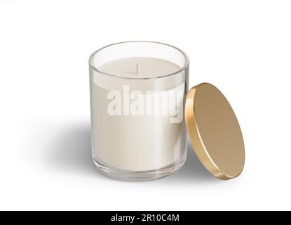 Minimalist candle mockup, clear glass candle jar with wooden lid open design-ready 3D render ...