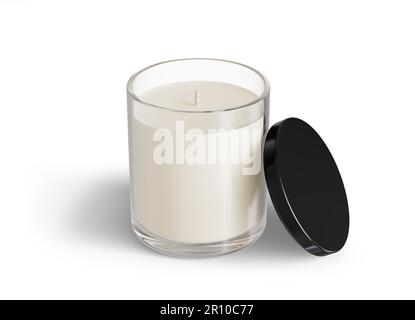 Minimalist candle mockup, clear glass candle jar with wooden lid open design-ready 3D render ...