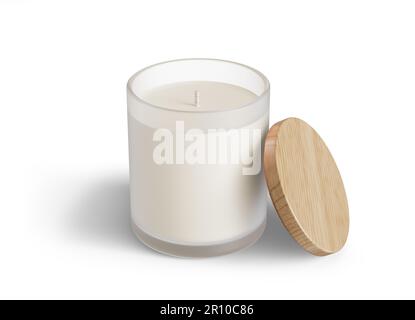 Minimalist candle mockup, frosted glass candle jar with golden lid open design-ready 3D render ...