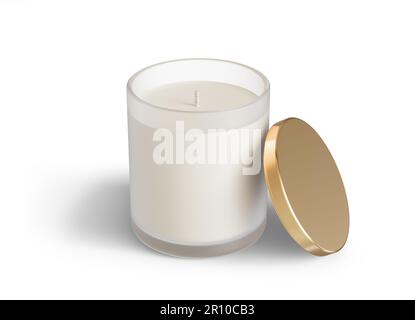 Minimalist candle mockup, frosted glass candle jar with wooden lid open design-ready 3D render ...