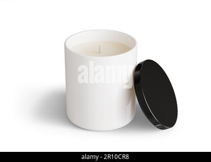 Minimalist candle mockup, black ceramic candle jar with glossy black lid open design-ready 3D ...