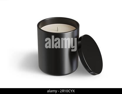 Minimalist candle mockup, black ceramic candle jar with wooden lid open design-ready 3D render ...