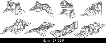 Distorted perspective grid pack. Glitch rectangle plane set. Wavy ...