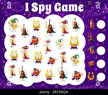 I spy game worksheet. Cartoon musical instrument characters. Counting ...