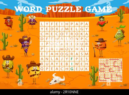 Crossword quiz grid. Wild West cartoon cowboy, sheriff and indian ...