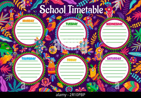 Timetable schedule, Brazilian and Mexican toucan birds and flowers ...