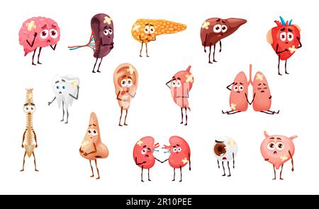 Unhappy sad cartoon liver. Cute character human organ is sick ...