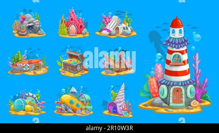 Cartoon underwater buildings game asset. Isolated vector sunken ship ...