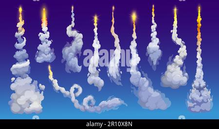 Missile effect, rocket fire trails with black smoke, spacecraft startup ...