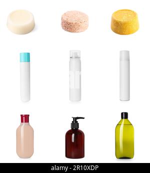Set with different kinds of shampoo: ordinary, dry and solid on white ...