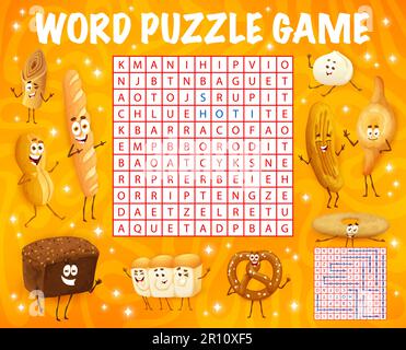 Bread and bakery food. Word search puzzle game worksheet. Kids quiz ...