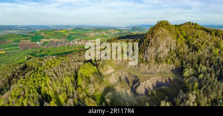 Aerial panorama of the former basalt quarry at the Hegau volcano ...