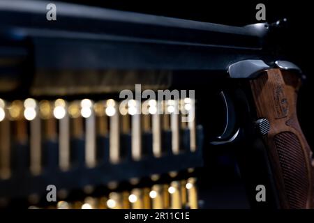 Elegant Semiautomatic 9mm Handgun with Swiss Helvetia Symbol Leaning on ...