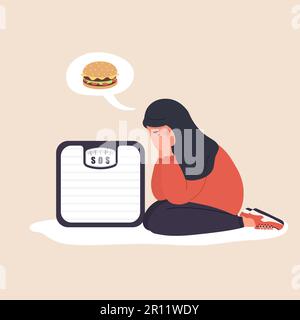Eating disorder. Sad arabian woman hugging huge hamburger and worries ...