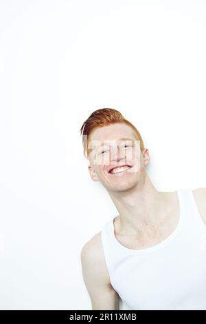 Headshot Portrait of happy ginger red hair girl with freckles smiling ...