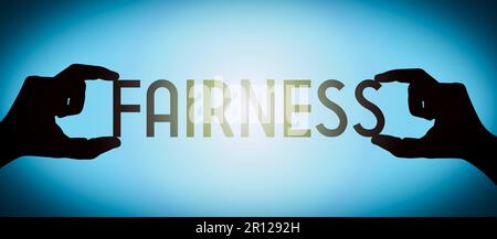 Fairness - human hands holding black silhouette word Stock Photo - Alamy