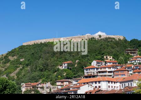 The defensive wall and ruins of Prizren Fortress, the historic hilltop ...