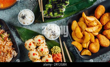 Delicious Thai fried rice featuring shrimp and squid, garnished with ...