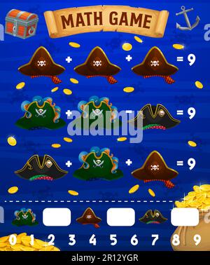 Math game worksheet, cartoon golden cups and sport trophy, vector ...