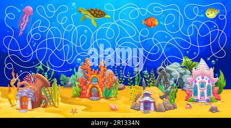 Labyrinth maze of cartoon funny underwater animals and fish. Vector ...