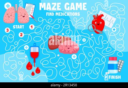 Labyrinth maze game with cartoon body organ characters, vector ...