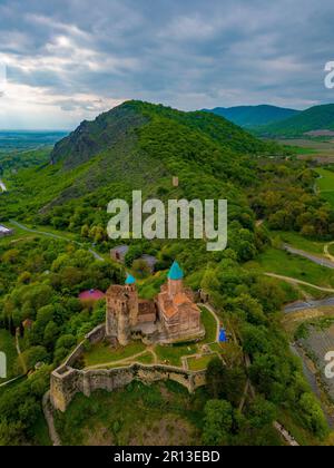 Aerial view of Gremi fortress on the hill, famous sight in Georgia ...