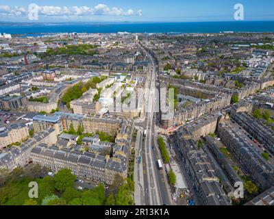 Aerial view of Leith Walk with new tram tracks in Edinburgh, Scotland ...
