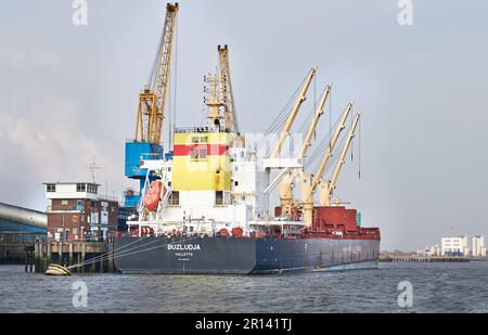 The Navibulgar ship Buzludja moored at a river Thames jetty with a ...