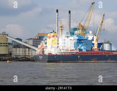The Navibulgar ship Buzludja moored at a river Thames jetty with a ...