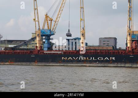 The Navibulgar ship Buzludja moored at a river Thames jetty with a ...