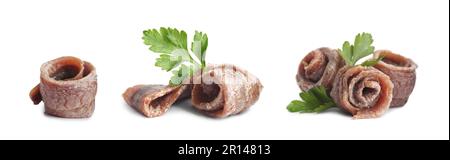 Set with delicious anchovy fillets on white background. Banner design ...