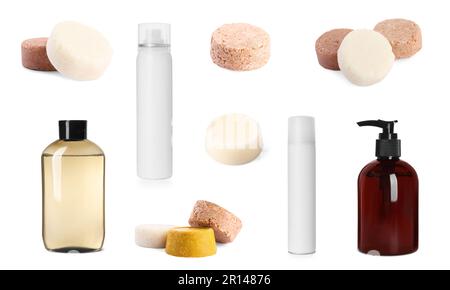 Set with different kinds of shampoo: ordinary, dry and solid on white ...