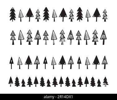 Quirky fir tree scandi linocut vector border. Washi tape design in ...