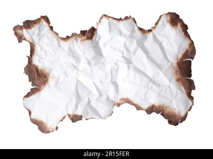 Piece of crumpled paper with dark burnt borders on white background ...